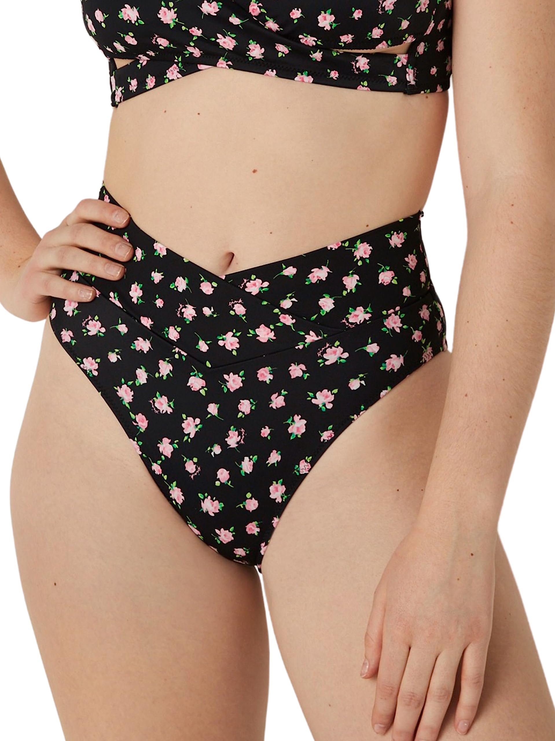 Victoria's Secret Pink V Crossover High Waisted Bikini Bottom, Swimsuit for Women, Moderate Coverage Bathing Suit Bottoms for Women, Pure Black Floral (S)