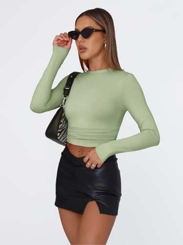 Trendy Queen Womens Long Sleeve Shirts Basic Tees Crop Tops Going Out Spring 2025 Workout Outfits Y2k Clothes Light Green M