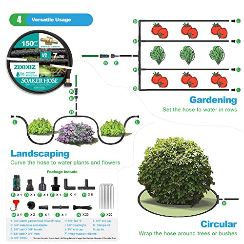 Soaker Hose 150 FT,1/2" Heavy Duty Soaker Garden Hose with Solid Brass Connector for for Garden Vegetable Beds, Tree,Lawn and Plants