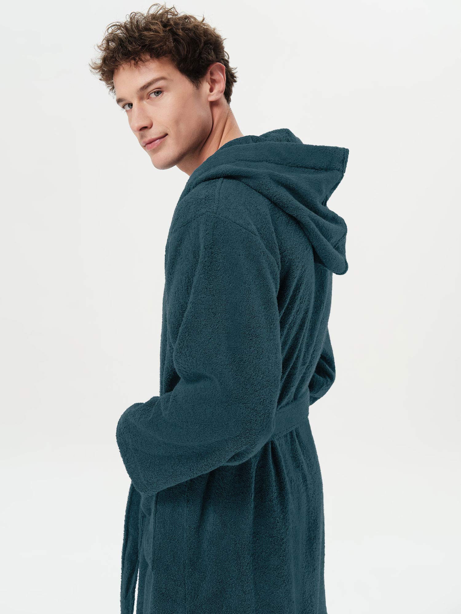 SIORO Terry Cloth Robes for Men Cotton Towel Hooded Bathrobe Long Bath Big & Tall Loungewear Bathroom Swimming Pool Bath Fluffy House Coat, Ink Blue X-Large