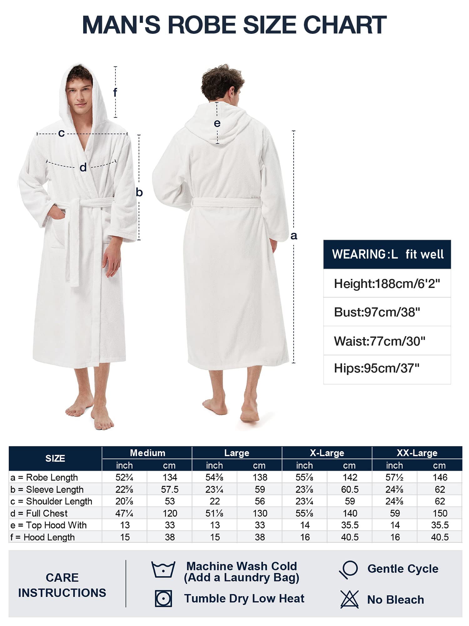 SIORO Terry Cloth Robes for Men Cotton Towel Hooded Bathrobe Long Bath Big & Tall Loungewear Bathroom Swimming Pool Bath Fluffy House Coat, Ink Blue X-Large