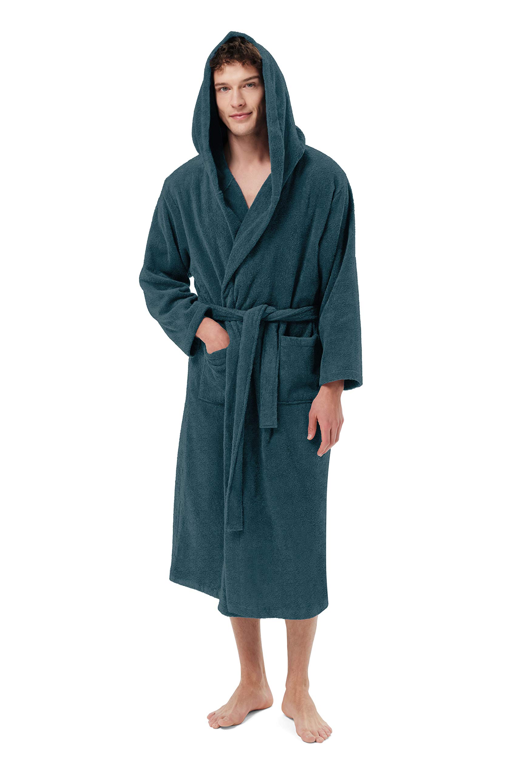 SIORO Terry Cloth Robes for Men Cotton Towel Hooded Bathrobe Long Bath Big & Tall Loungewear Bathroom Swimming Pool Bath Fluffy House Coat, Ink Blue X-Large
