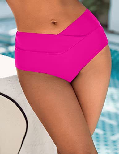 Blooming Jelly Womens High Waisted Bikini Bottom Black Swimsuits Tummy Control Bathing Suit Bottoms（Medium,Hot Pink