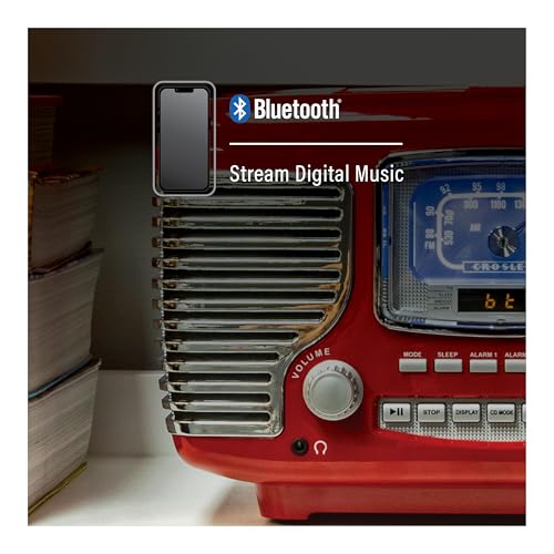 Crosley CR612B-RE Corsair Tabletop AM/FM Bluetooth Radio with CD Player and Dual Alarm Clock, Red