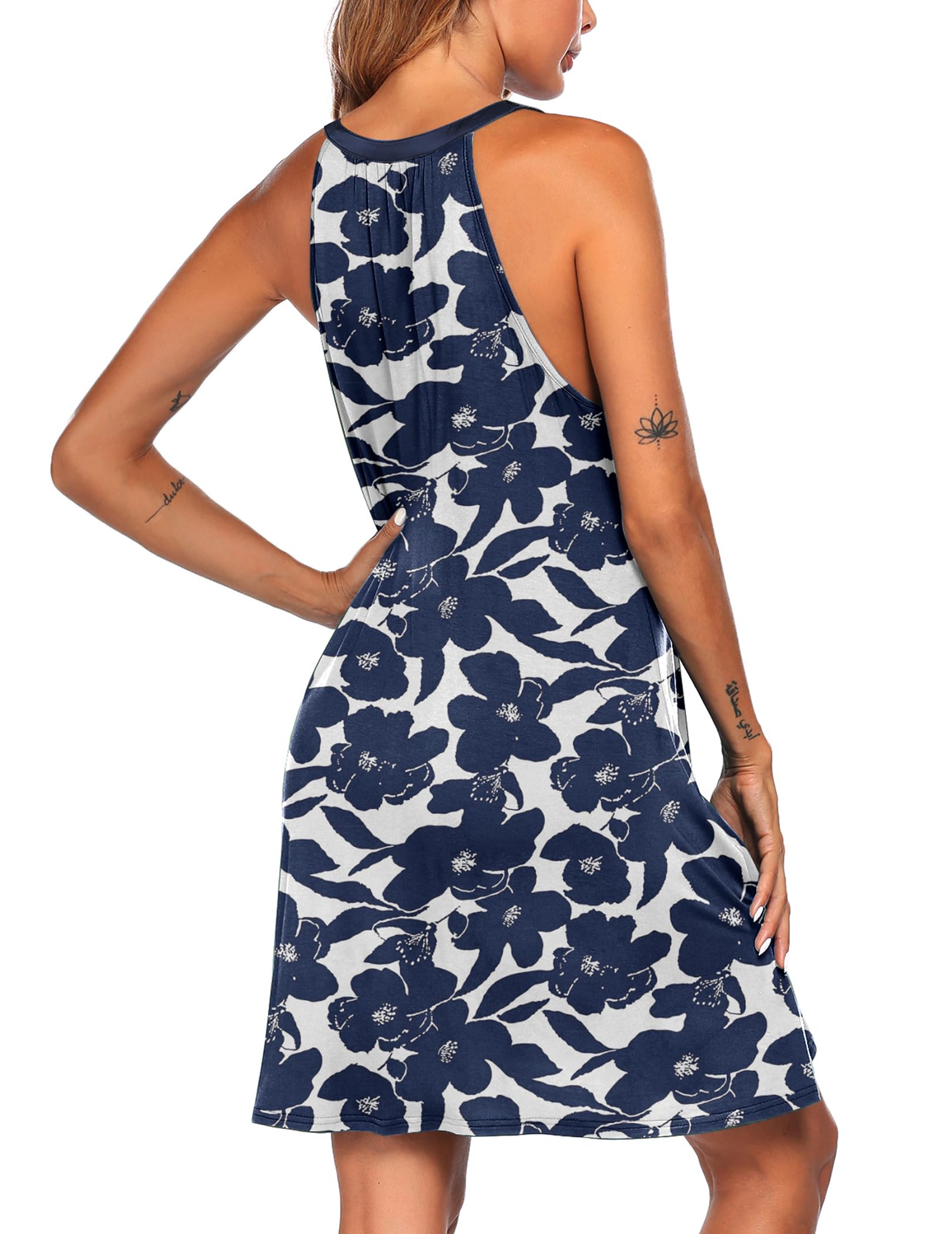 Ekouaer Womens Nightgown Sleeveless Sleepwear V Neck Racerback Sleep Dress, Navy Flower, X-Large