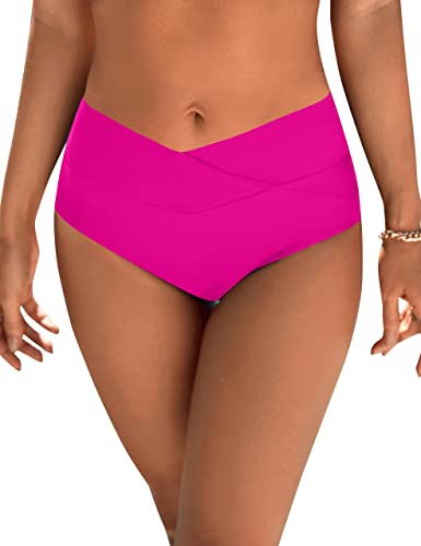 Blooming Jelly Womens High Waisted Bikini Bottom Black Swimsuits Tummy Control Bathing Suit Bottoms（Medium,Hot Pink