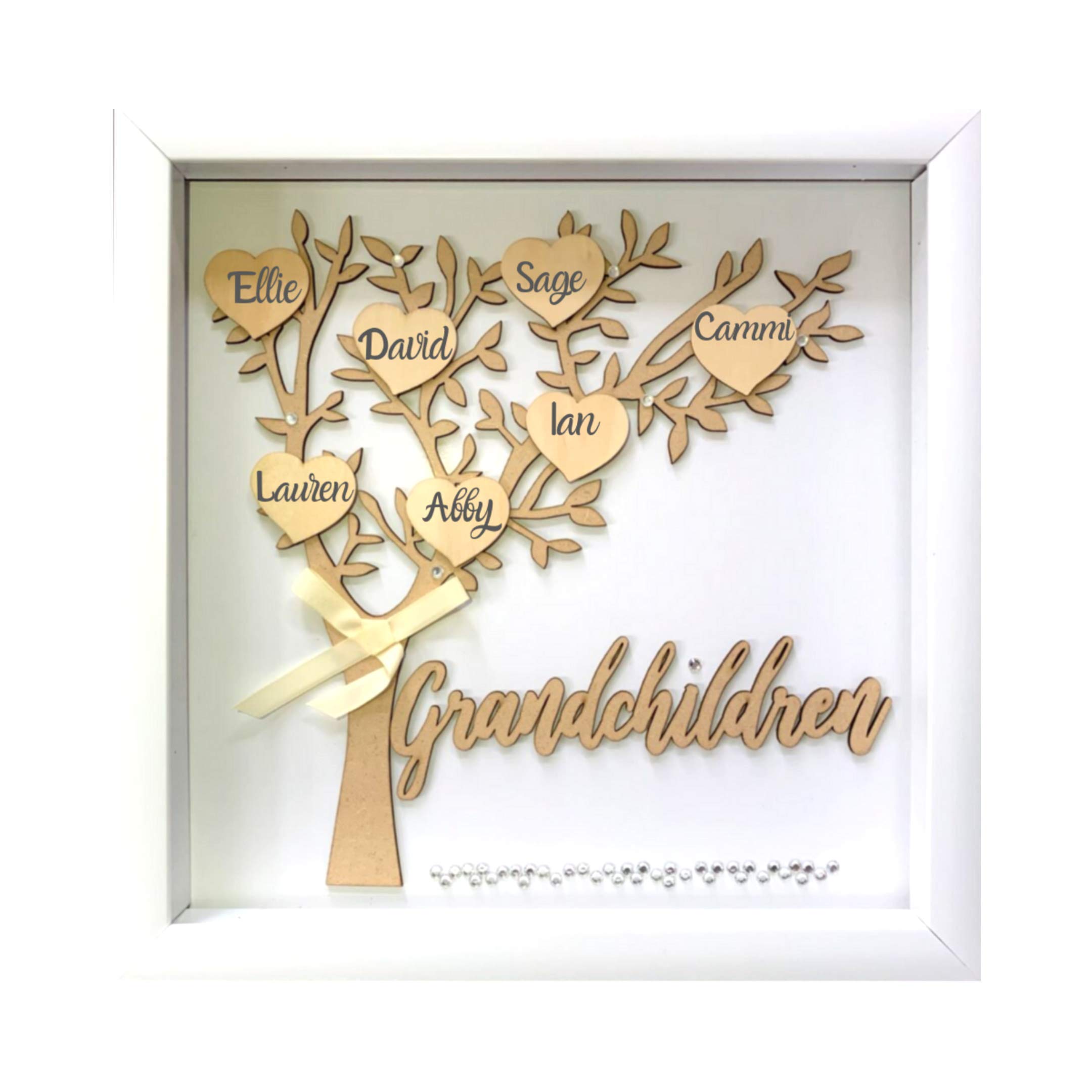 Tasse Verre 12x12 Grandchildren Shadow Box Kit - Family Tree Gift for Grandparents Grandma Grandpa with 7 Hearts and 40 Gems. Gift for Grandparents Grandchild Grandkid Nana Mimi Mothers Day