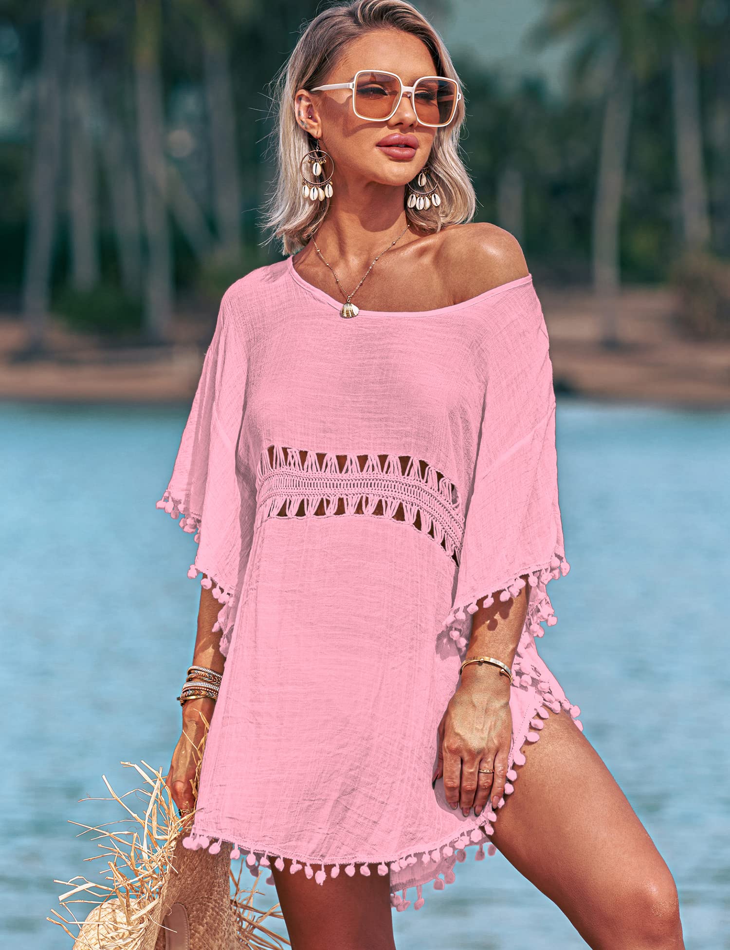 AI'MAGE Women's Crochet Chiffon Swimsuit Cover Up Summer Bathing Suit Bikini Pom Pom Beach Cover Ups Pink