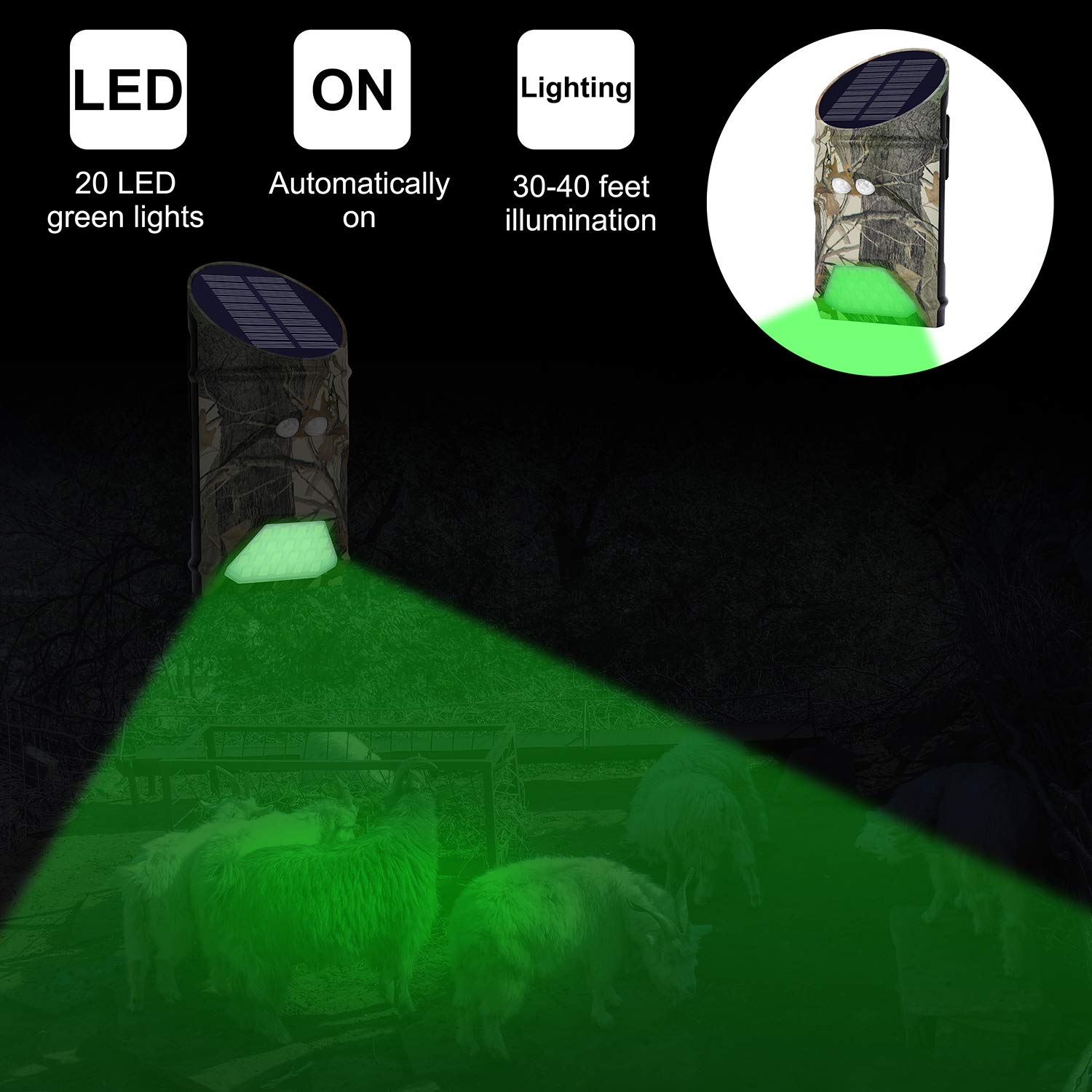 LILBEES Solar Powered Hog Feeder Light with Motion Sensor for Hog,Deer Feeder,Predator Coyote Pig Varmint,Campact Camouflage Design for Out Door Hunting with Green Lights(G300)(Pack of 2)