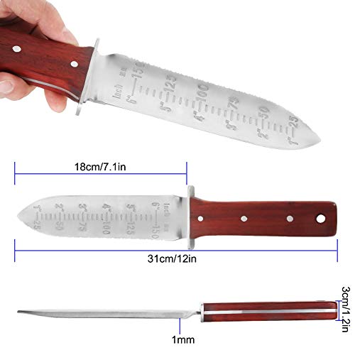 Hori Hori Garden Soil Knife Heavy Duty Weeding, Digging and Gardening Tools with 7 inch Double Edge Sharp Japanese Blade Leather Sheath, Full Tang Wood Handle Manual Sod Cutter
