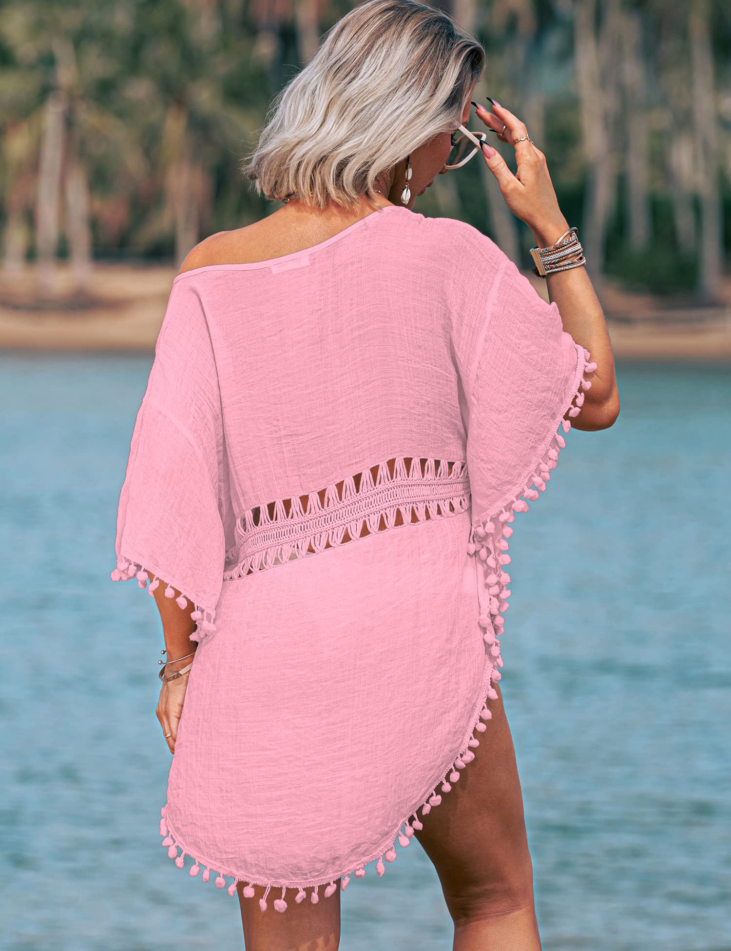 AI'MAGE Women's Crochet Chiffon Swimsuit Cover Up Summer Bathing Suit Bikini Pom Pom Beach Cover Ups Pink