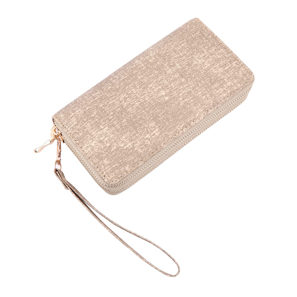 Classic Leatherette Zip Around Wallet - Vegan Leather Zipper Clutch Purse Coin Card Slots, Removable Wristlet (Double Zip Wristlet - Textured Light Brown)