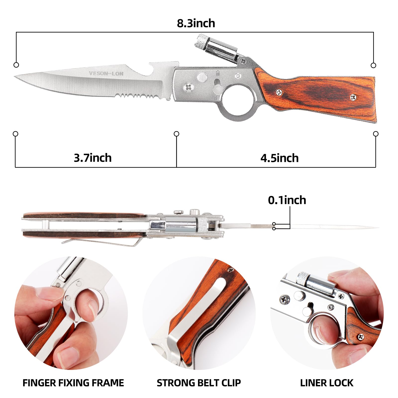 VESON-LON New Pocket Knife, AK 47 Folding Knife for Camping Hiking Tactical Knife and EDC, 3.7" 5Cr15 Steel Blade, LED Light, Husband Birthday Present, With Flashlight for Men Women(Silver)