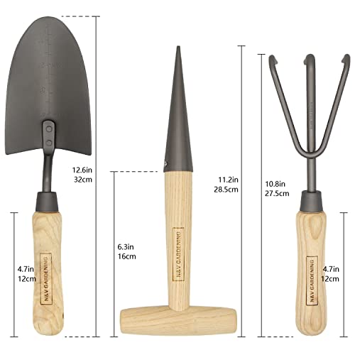 N&V Gardening Tools Set, 3 Pcs Garden Tools Set, Nickel Plated Stainless Steel Heavy Duty Gardening Tools Kit, Hand Trowel, Dibble and Hand Rake