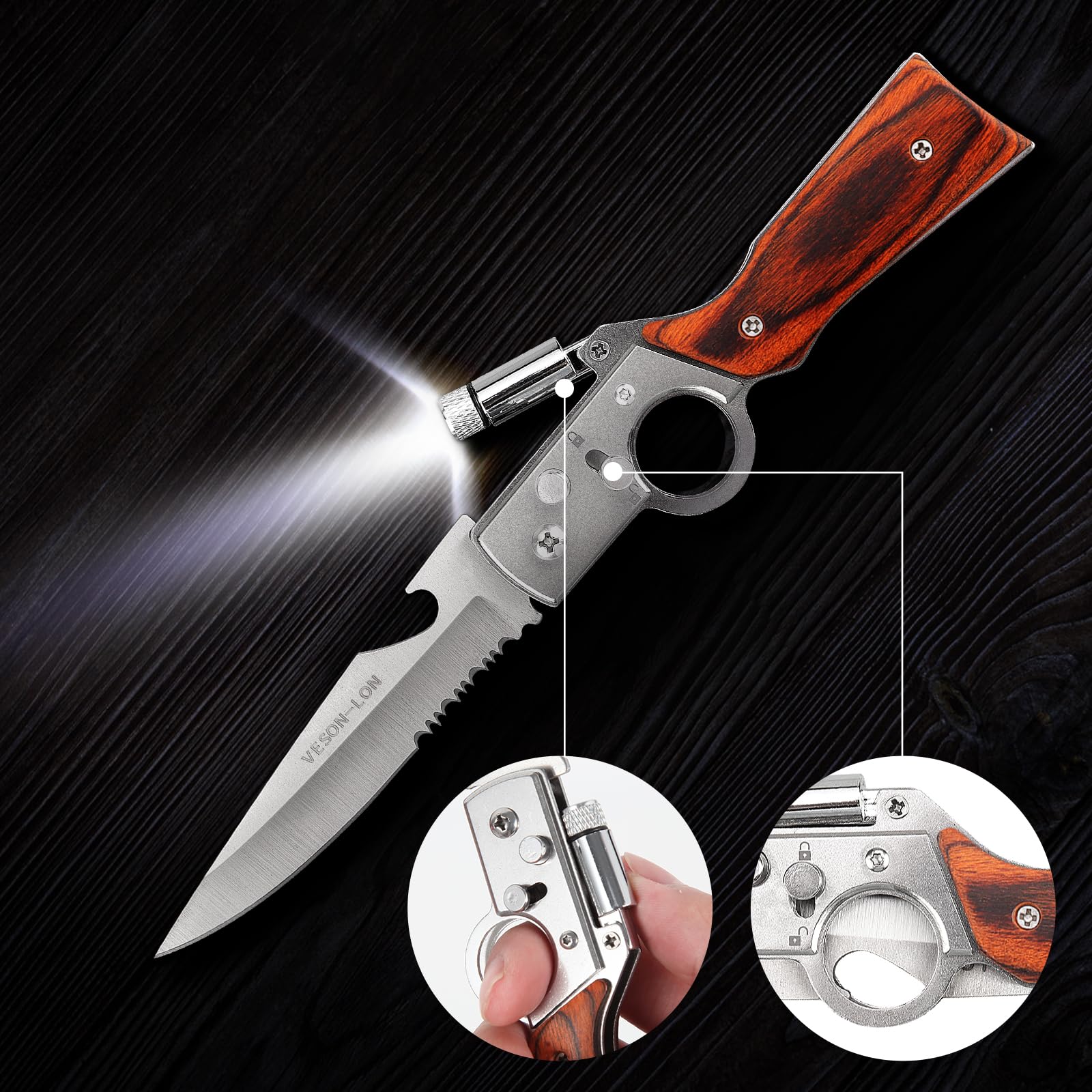 VESON-LON New Pocket Knife, AK 47 Folding Knife for Camping Hiking Tactical Knife and EDC, 3.7" 5Cr15 Steel Blade, LED Light, Husband Birthday Present, With Flashlight for Men Women(Silver)