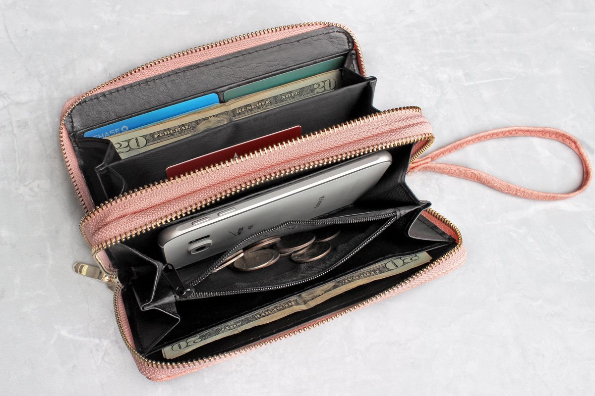 Classic Leatherette Zip Around Wallet - Vegan Leather Zipper Clutch Purse Coin Card Slots, Removable Wristlet (Double Zip Wristlet - Textured Light Brown)