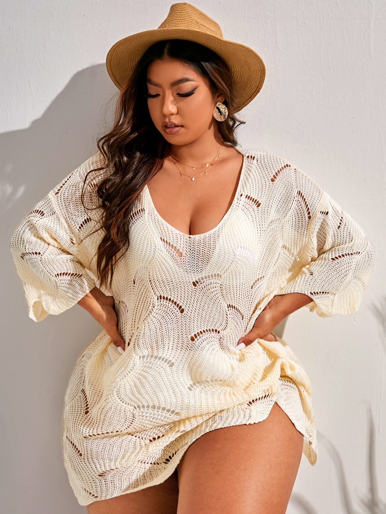 MakeMeChic Women's Plus Size Swimsuit Crochet Cover Up Bathing Suit Beach Dress Beige 0XL