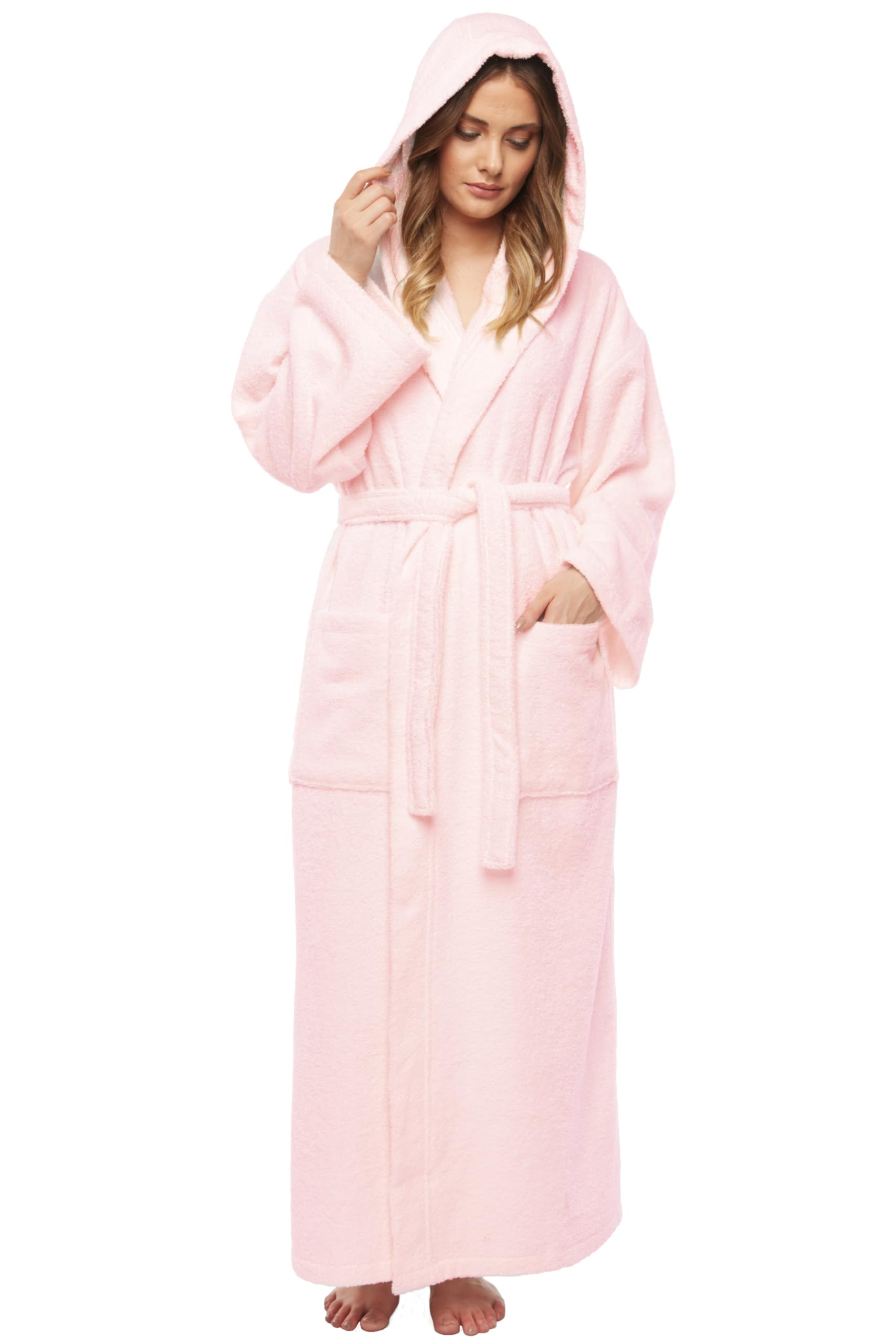 Arus Women's Hooded Classic Bathrobe Turkish Cotton Robe, Small-Medium, Pink