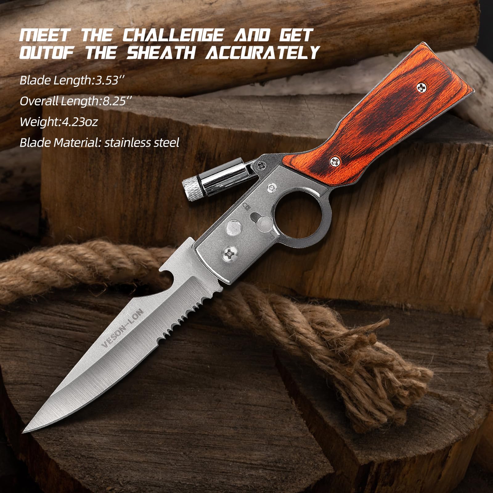 VESON-LON New Pocket Knife, AK 47 Folding Knife for Camping Hiking Tactical Knife and EDC, 3.7" 5Cr15 Steel Blade, LED Light, Husband Birthday Present, With Flashlight for Men Women(Silver)