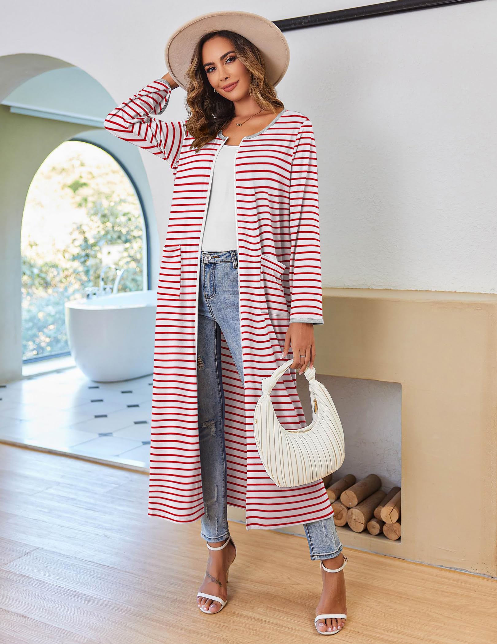 Ekouaer Women Long House Coat Zipper Front Robes Full Length Nightgowns with Pockets Striped Loungewear