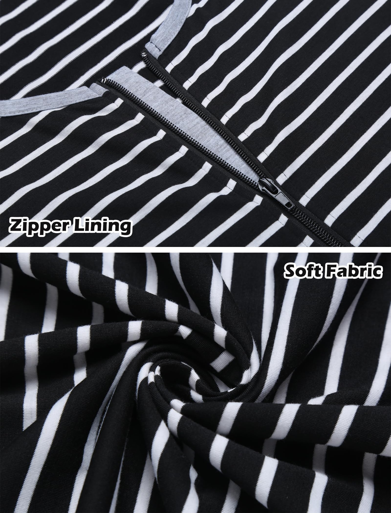 Ekouaer Women Long House Coat Zipper Front Robes Full Length Nightgowns with Pockets Striped Loungewear