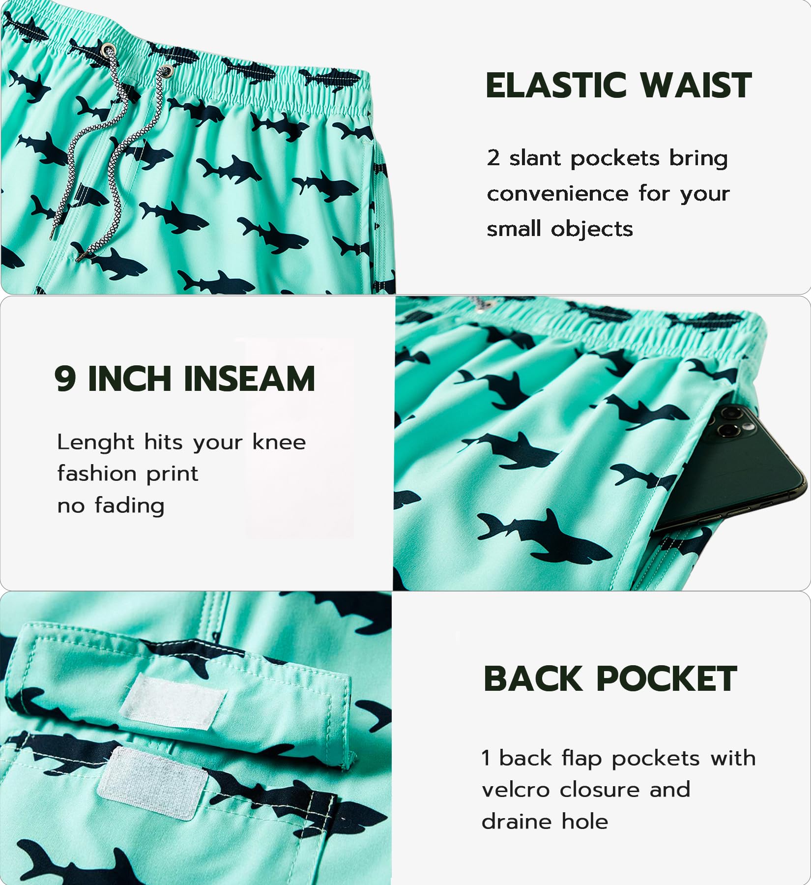 APTRO Men's Swim Trunks 9" Quick Dry Bathing Suit Big & Tall Beach Swimsuits #139 Shark 1X