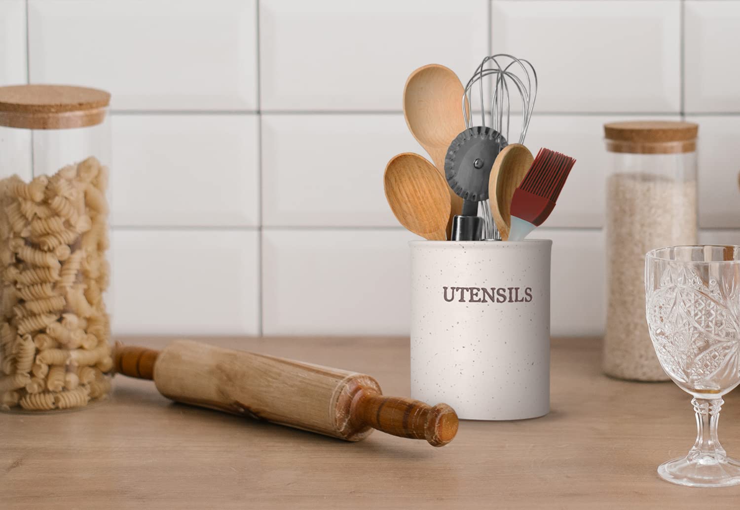 KooK Large Utensil Crock for Kitchen Counter, Ceramic Utensil Holder, Heavy & Stable Caddy, Farmhouse Decor, Matte Speckled Stoneware, Cream, 6 inch, Dishwasher Safe
