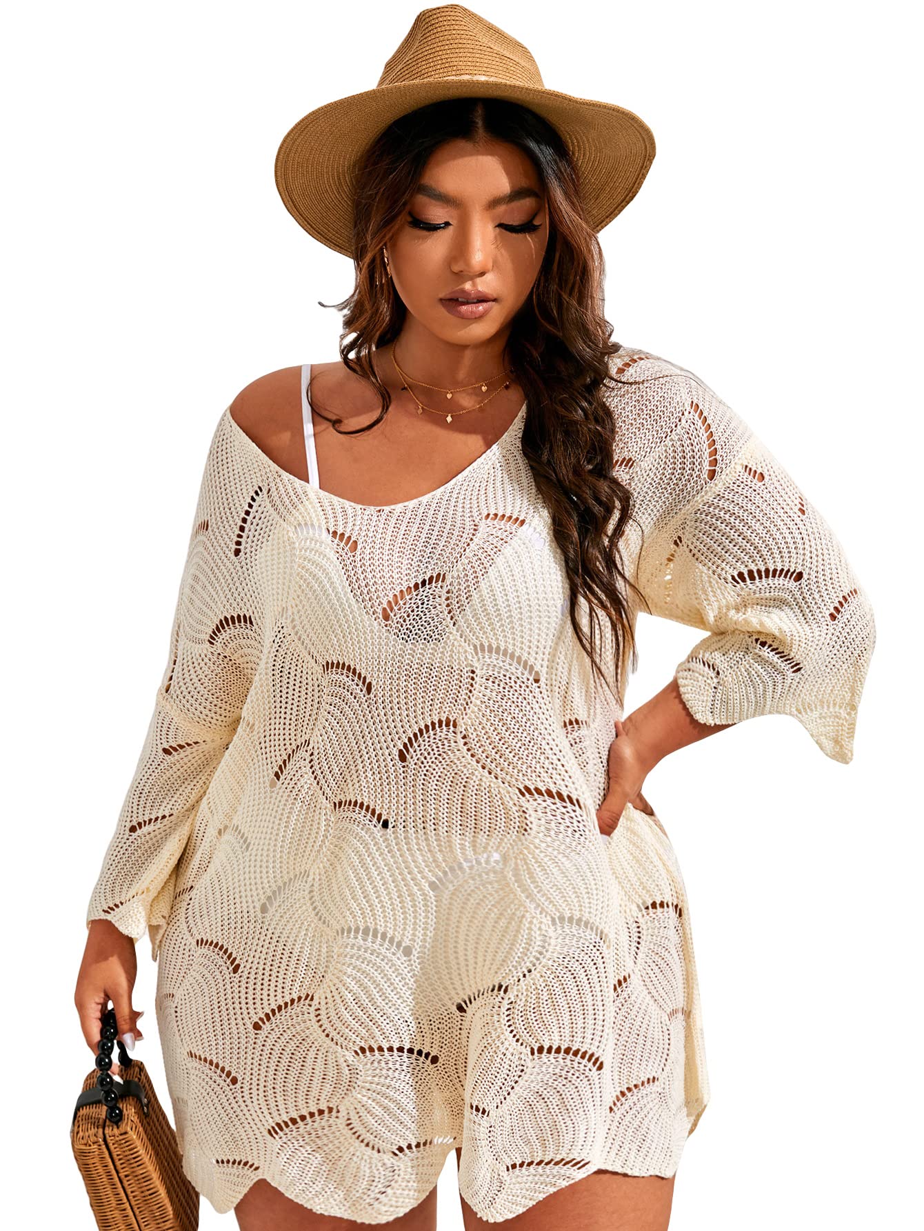MakeMeChic Women's Plus Size Swimsuit Crochet Cover Up Bathing Suit Beach Dress Beige 0XL