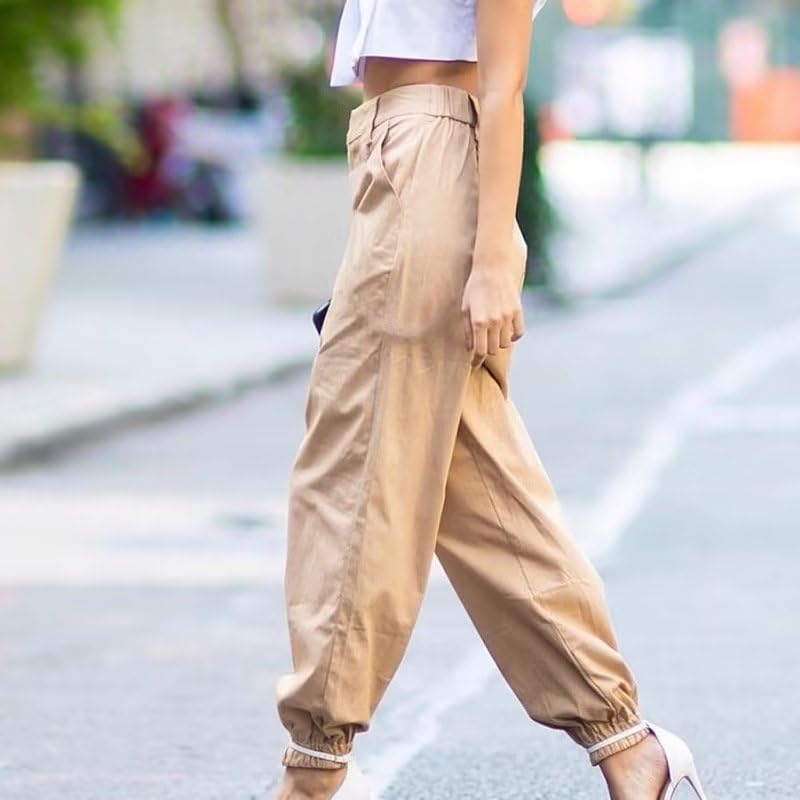 Women's Fashion High Waisted Cargo Harem Casual Pants Trendy Waist Brace Straight Leg Trouse with Pockets