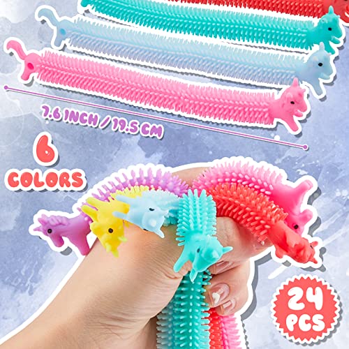 CLUEWR 24 Pack Stretchy String Fidget Toys, Unicorn Sensory Noodle Strings Textured Worm String Easter Egg Fillers for Kids Adults Stress Relief, Party Favors, Christmas Stocking Stuffers