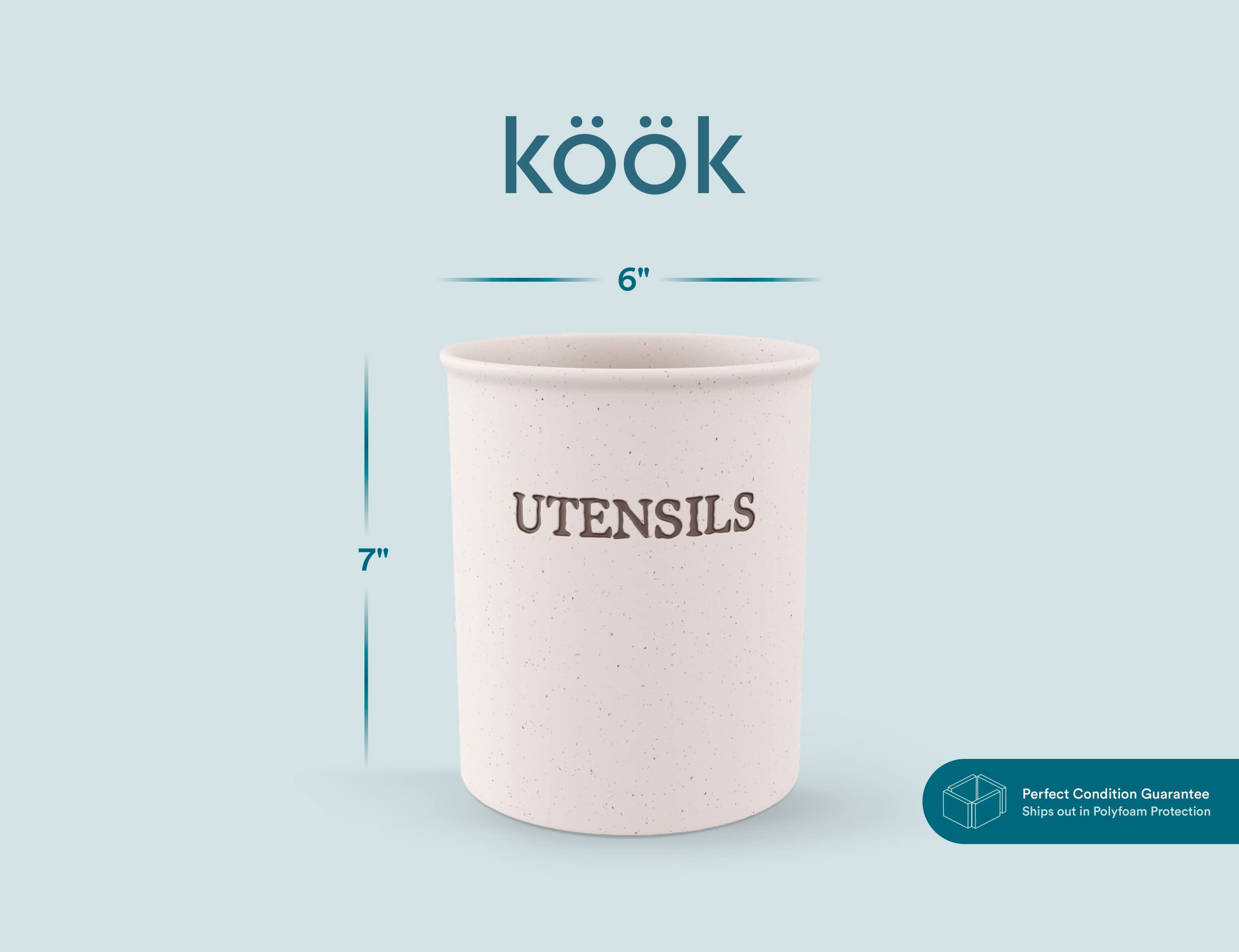 KooK Large Utensil Crock for Kitchen Counter, Ceramic Utensil Holder, Heavy & Stable Caddy, Farmhouse Decor, Matte Speckled Stoneware, Cream, 6 inch, Dishwasher Safe