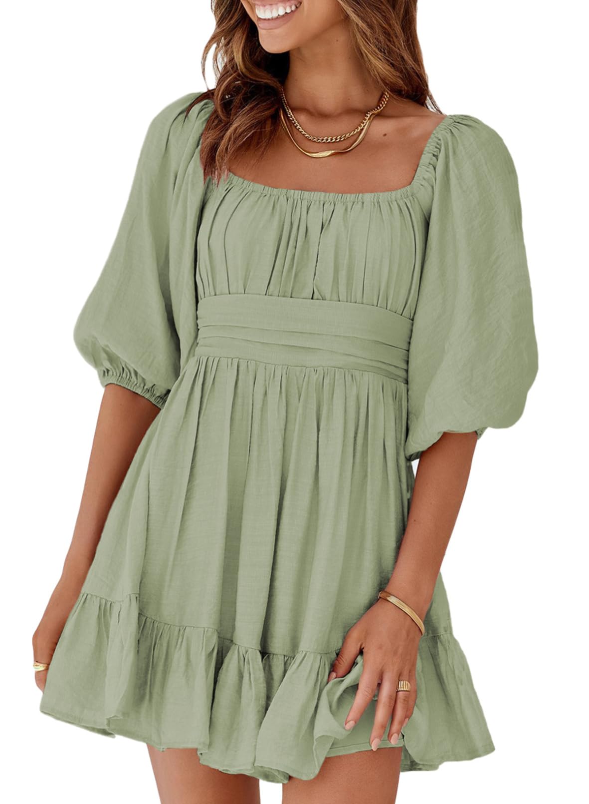 Dokotoo Beach Vacation Essentials Shirred Elastic Waist Square Neck Summer Dress for Women Tie Back Long Lantern Sleeve Ruffle A-Line Sexy Dress Casual Mini Dress Light Green Medium