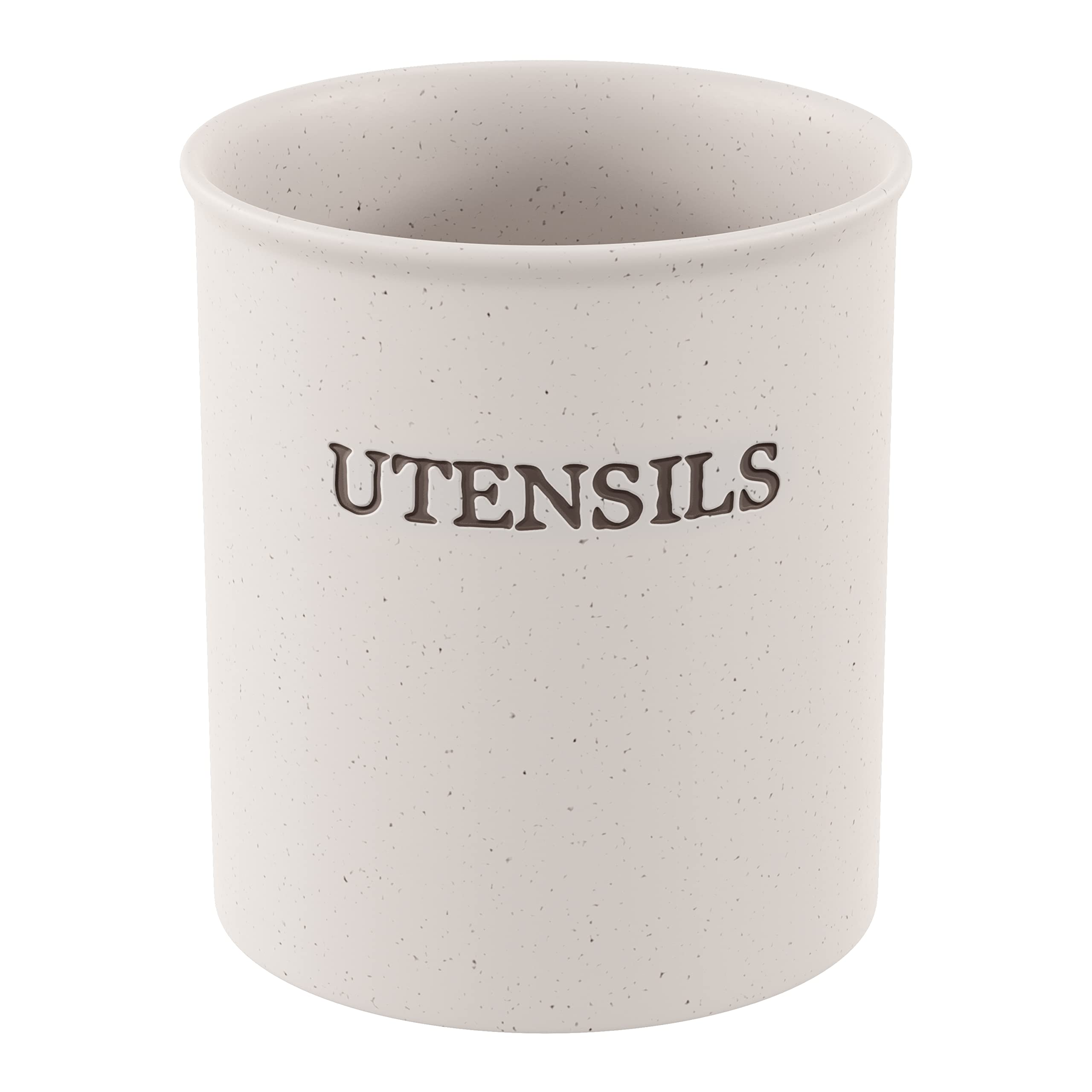 KooK Large Utensil Crock for Kitchen Counter, Ceramic Utensil Holder, Heavy & Stable Caddy, Farmhouse Decor, Matte Speckled Stoneware, Cream, 6 inch, Dishwasher Safe