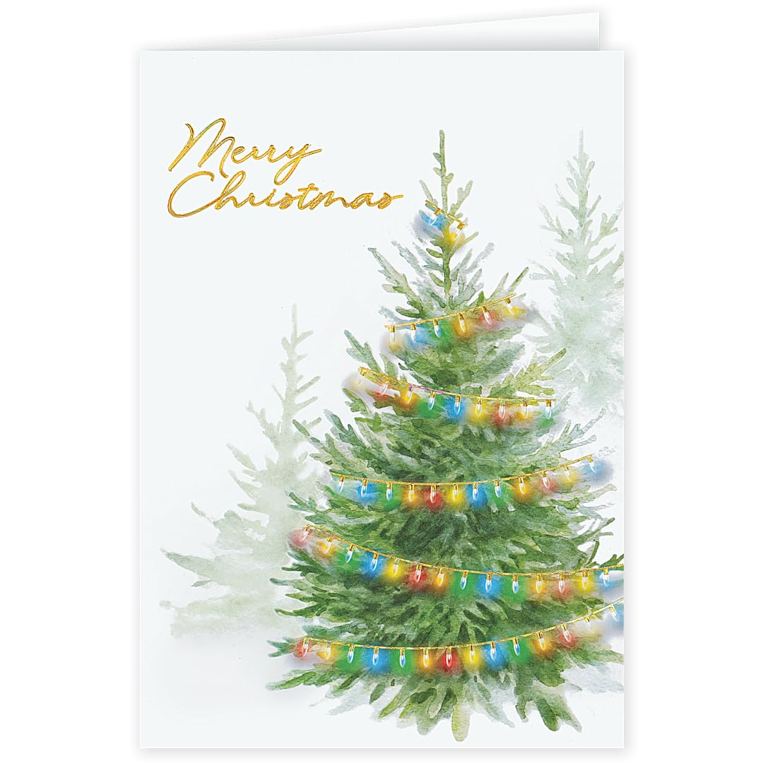 The Gallery Collection, 25 Personalized Christmas Cards with Foil-Lined Envelopes (Christmas Spirit Tree), For Business or Consumer
