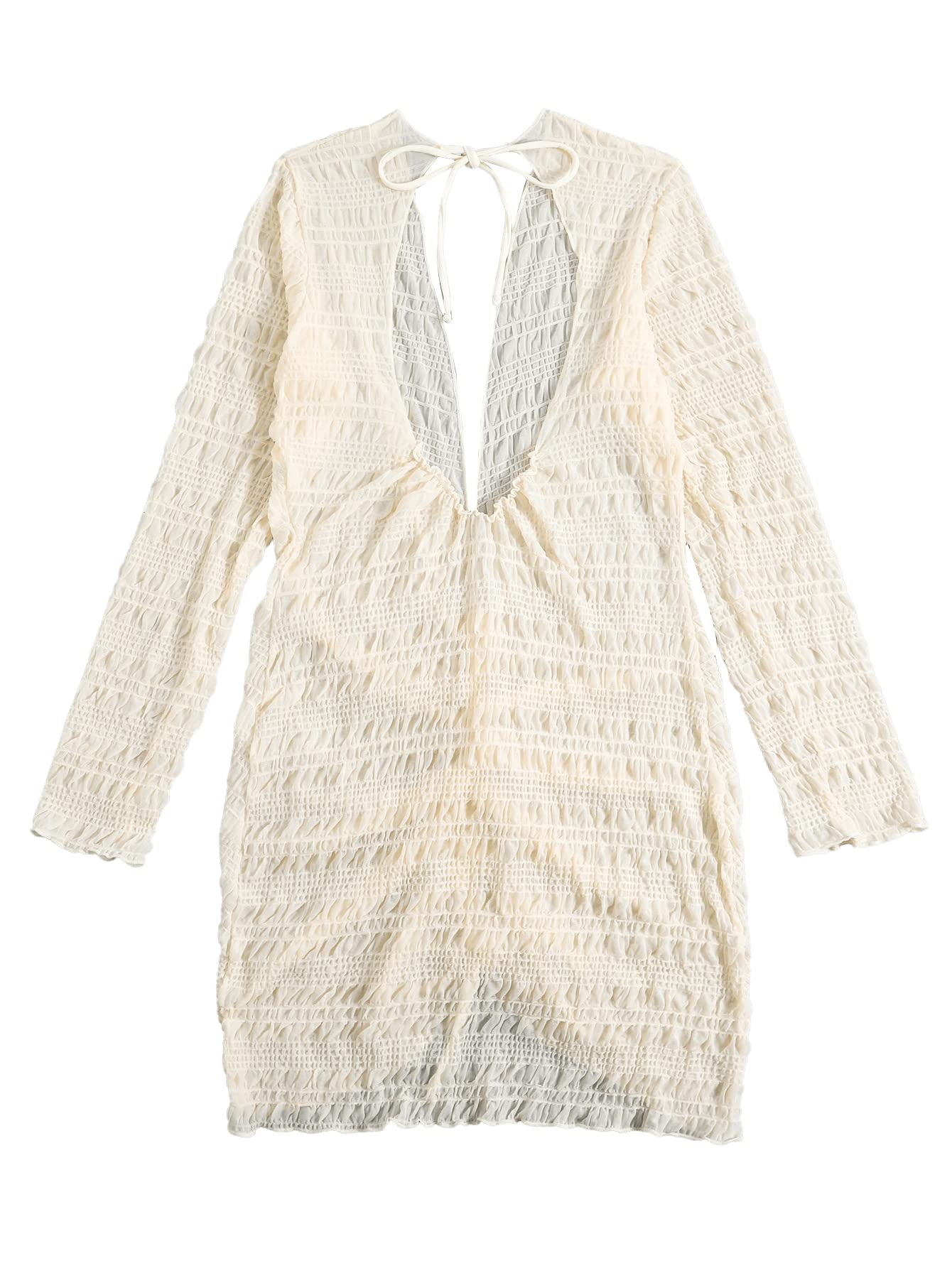 Verdusa Women's Drawstring Deep V Neck Long Sleeve Beach Swimsuit Cover Up Dress Beige XL