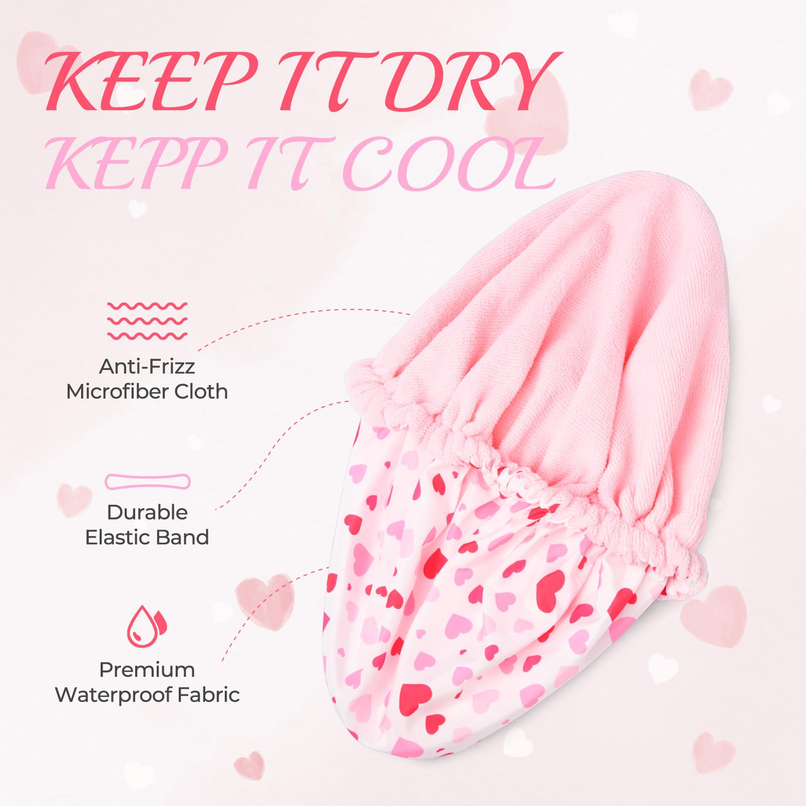 Shower Cap for Women Terry Lined Bath Cap Large Reusable Waterproof Elastic Band Pink Shower Caps for Long Thick Hair Soft Bath Shower Hair Caps