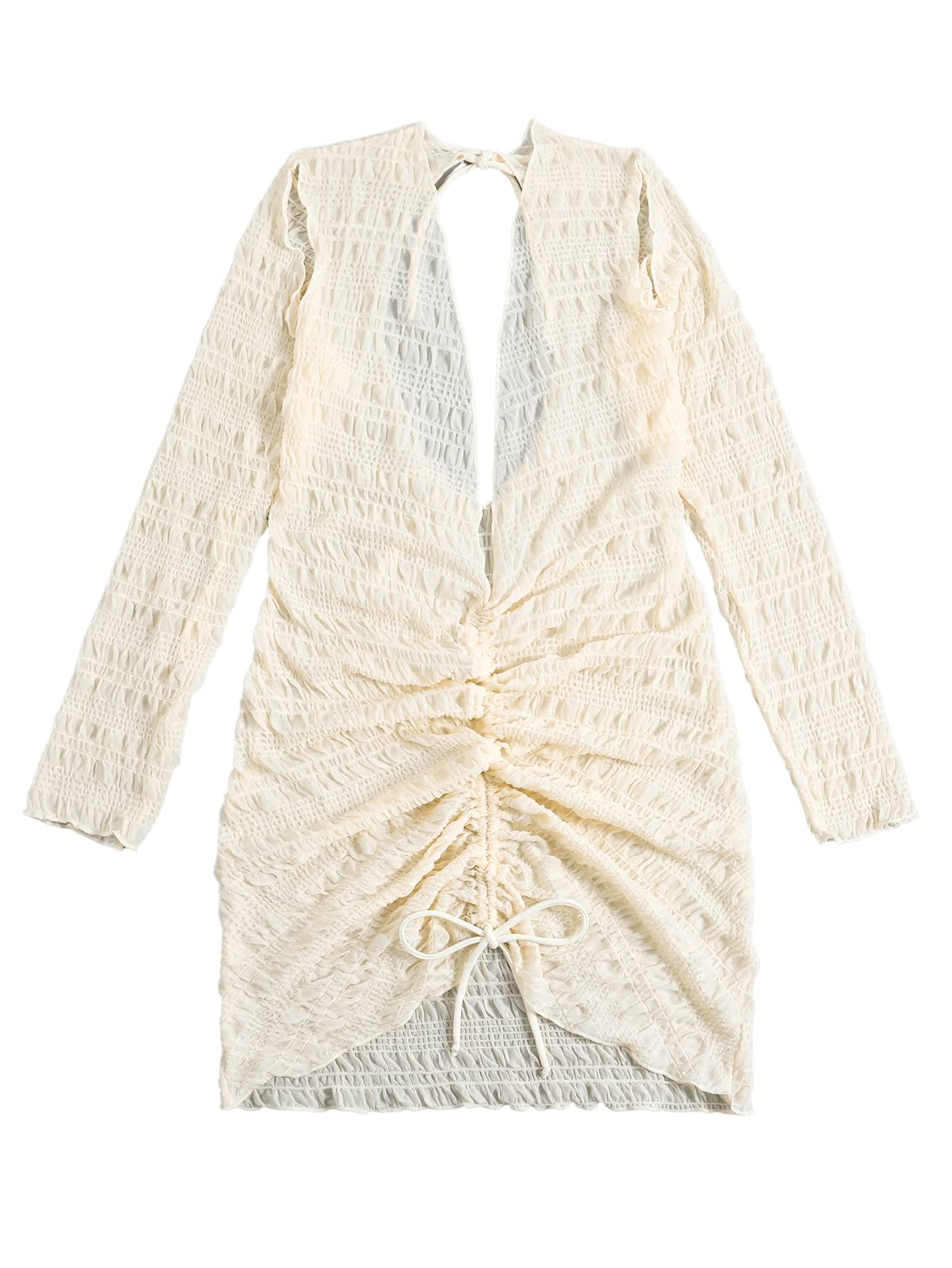 Verdusa Women's Drawstring Deep V Neck Long Sleeve Beach Swimsuit Cover Up Dress Beige XL