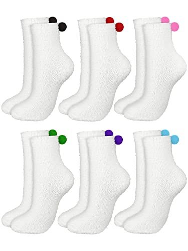 6 Pairs Women Pom Pom Socks with Balls Fuzzy Fluffy Socks for Women Winter Slipper Socks Crew Socks Stocking Stuffer Gifts (White)