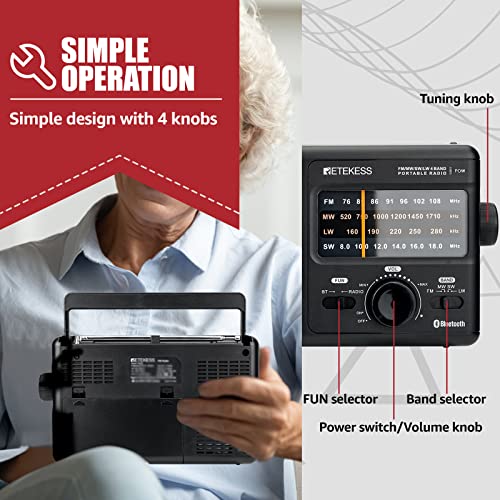 Retekess TR626 Portable AM FM Radio with Bluetooth, Plug in Radio, LW, DSP chip,Powered by AC or D Battery, Short Wave Radios for Garages,Home,Outdoors