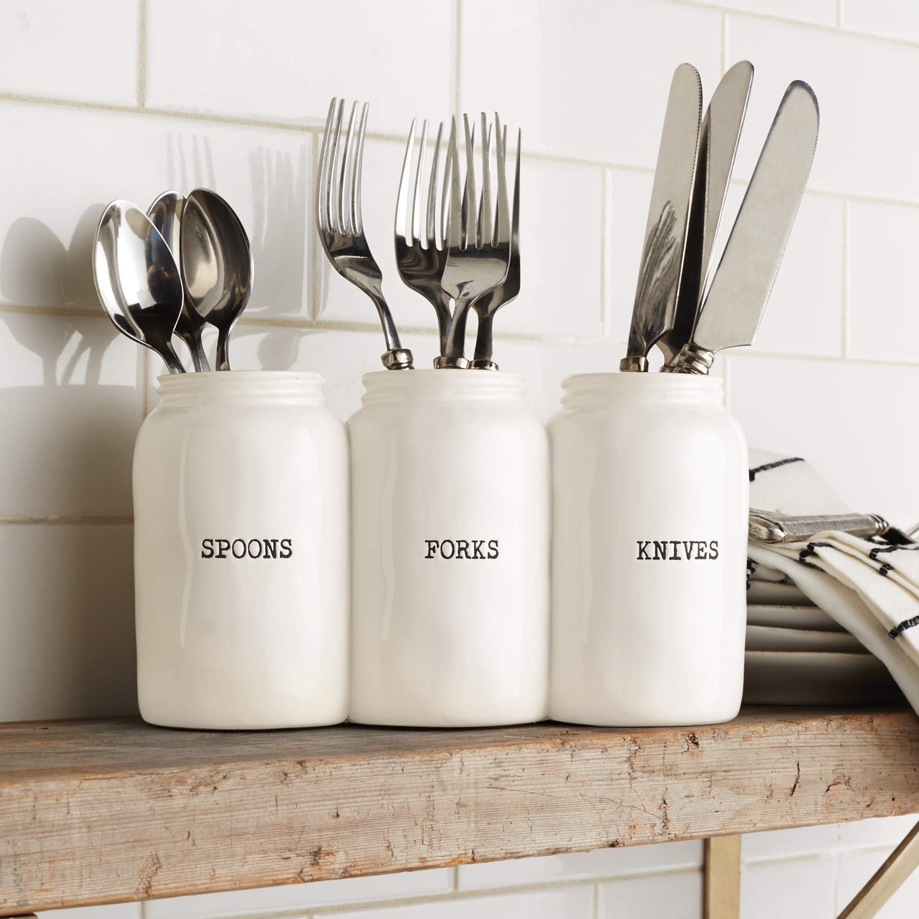 Mud Pie Farmhouse Ceramic Triple Utensil Holder