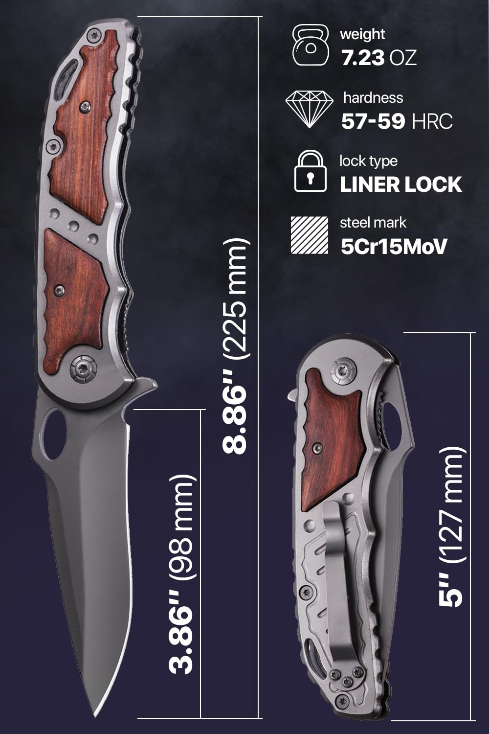 Grand Way Spring Assisted Knife - 5Cr15MoV Sharp Folding Blade - Pocket Knife with Wood Handle - Best Durable Tool for EDC Camping Survival Work - Mens Gifts Idea for Dad Husband Boyfriend 97010