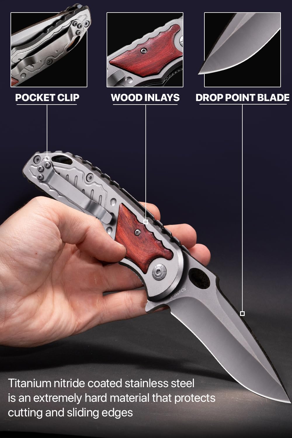 Grand Way Spring Assisted Knife - 5Cr15MoV Sharp Folding Blade - Pocket Knife with Wood Handle - Best Durable Tool for EDC Camping Survival Work - Mens Gifts Idea for Dad Husband Boyfriend 97010
