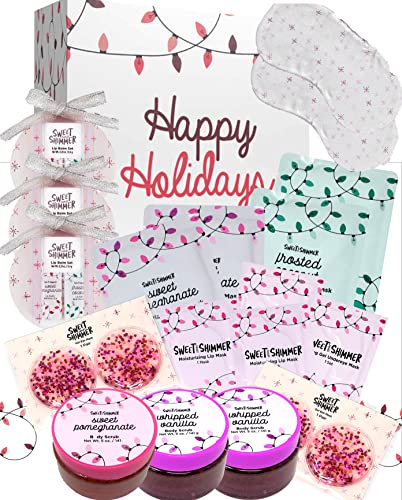 Women's Christmas Spa Gift Set 19 Piece Sweet and Shimmer Holiday Bath and Beauty Gift Set with Assorted Masks, Facial Scrubs, and Lip Balms In Holiday Gift Box, Great Stocking Stuffer, Ideal Gifts for Women
