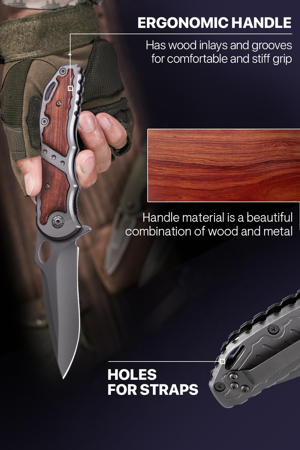 Grand Way Spring Assisted Knife - 5Cr15MoV Sharp Folding Blade - Pocket Knife with Wood Handle - Best Durable Tool for EDC Camping Survival Work - Mens Gifts Idea for Dad Husband Boyfriend 97010