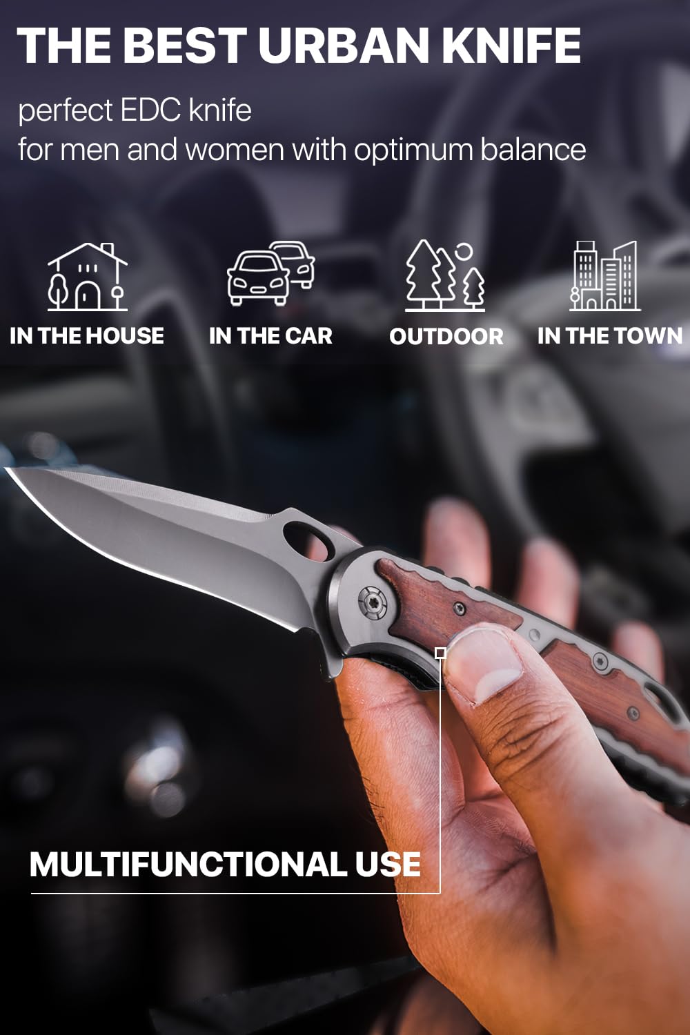 Grand Way Spring Assisted Knife - 5Cr15MoV Sharp Folding Blade - Pocket Knife with Wood Handle - Best Durable Tool for EDC Camping Survival Work - Mens Gifts Idea for Dad Husband Boyfriend 97010