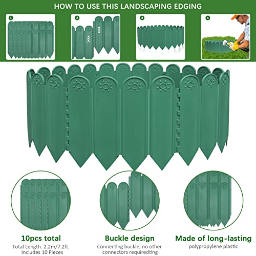 EEOCWF 10PCS Green Garden Edging Borders, 8.66"X8.66" Plastic Garden Landscape Edging, 7.2ft Interlocking Decorative Garden Fences Edging, Lawn Edge Flower Bed Border for DIY Patio Walkways Yard