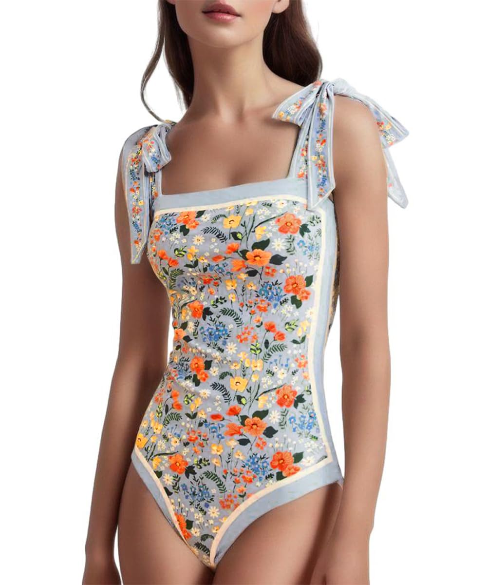 SKAYS Reversible Floral One Piece Swimsuit Women Bathing Suit Vintage Cute with Adjustable Straps Swimwear Blue L