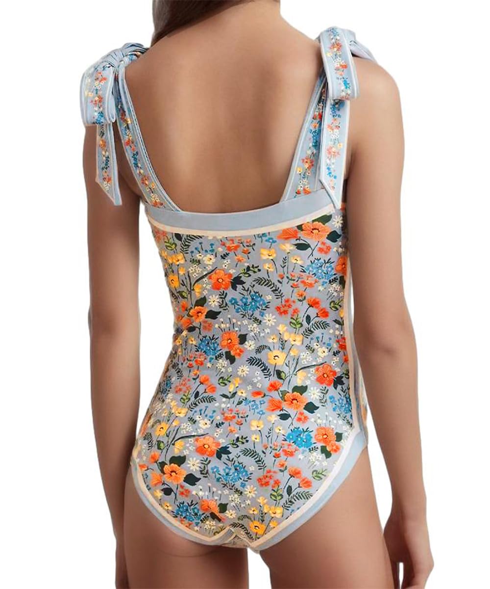 SKAYS Reversible Floral One Piece Swimsuit Women Bathing Suit Vintage Cute with Adjustable Straps Swimwear Blue L
