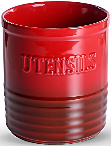 Lareina Utensil Holder for Kitchen Counter, [Elegant & Non-slip] Ceramic Utensil Crock Organizer, H 7" x W6 Large Cooking Utensil Holder with Anti-slip Cork Bottom for Home Décor, Christmas Red