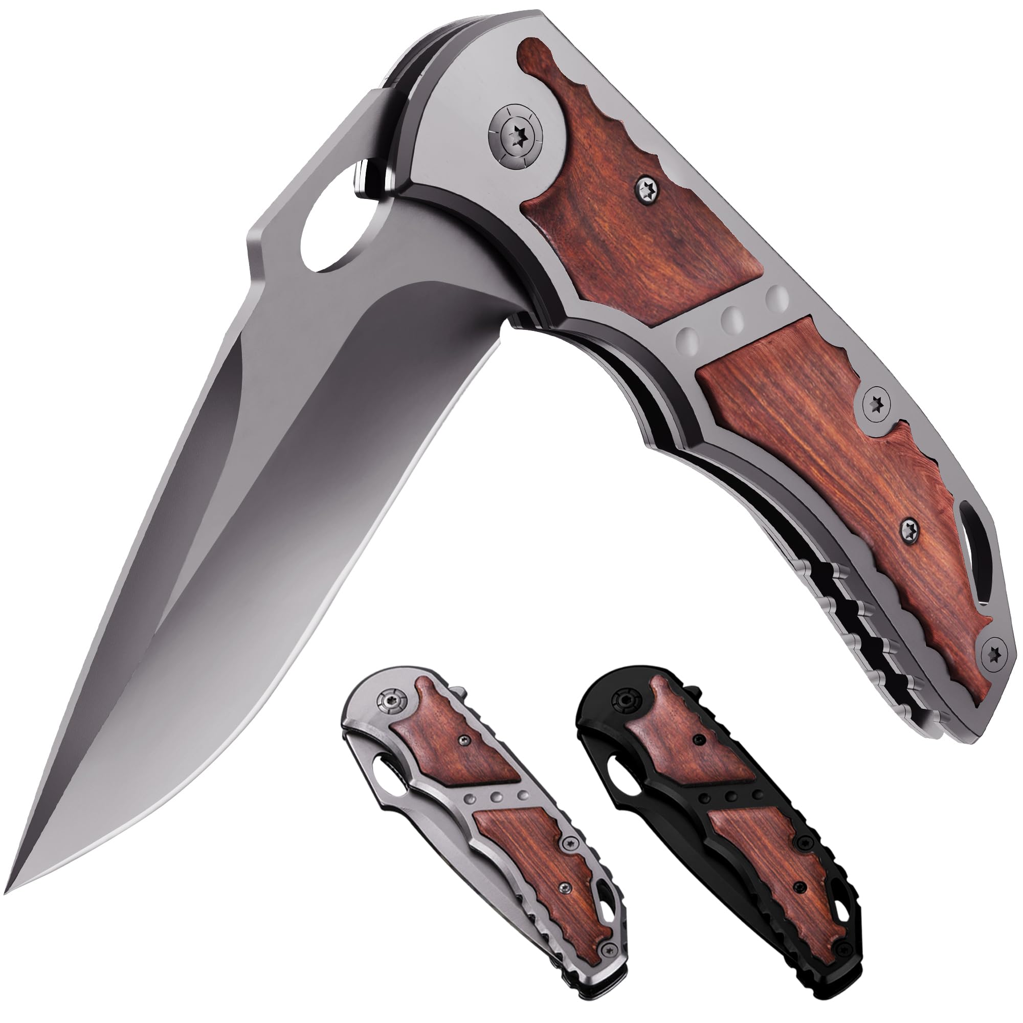 Grand Way Spring Assisted Knife - 5Cr15MoV Sharp Folding Blade - Pocket Knife with Wood Handle - Best Durable Tool for EDC Camping Survival Work - Mens Gifts Idea for Dad Husband Boyfriend 97010